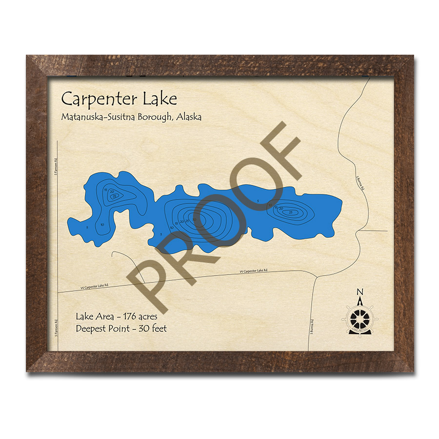Carpenter Lake, Alaska 3D Wood Map, Nautical Wood Chart