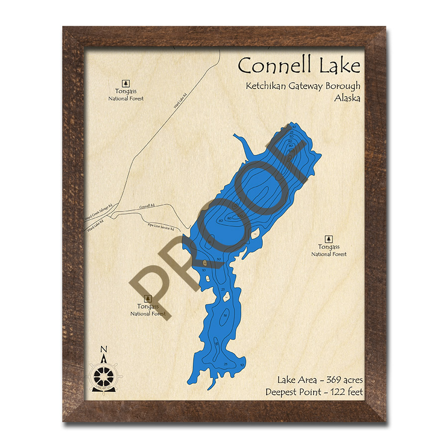 Connell Lake 3D Wood Map, Alaska, Nautical Wood Chart