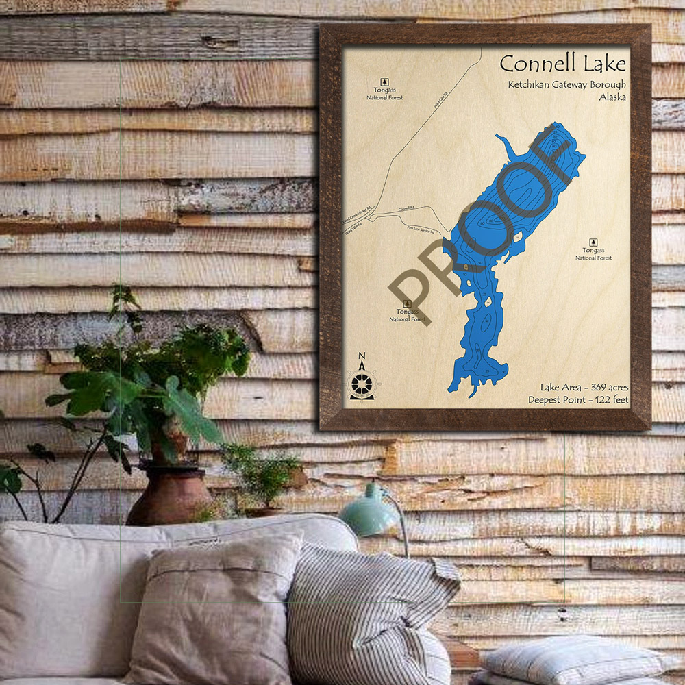 Connell Lake 3D Wood Map, Alaska, Nautical Wood Chart
