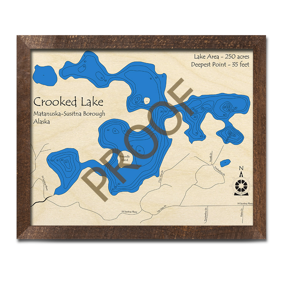 Crooked Lake 3D Wood Map, Alaska, Nautical Wood Chart