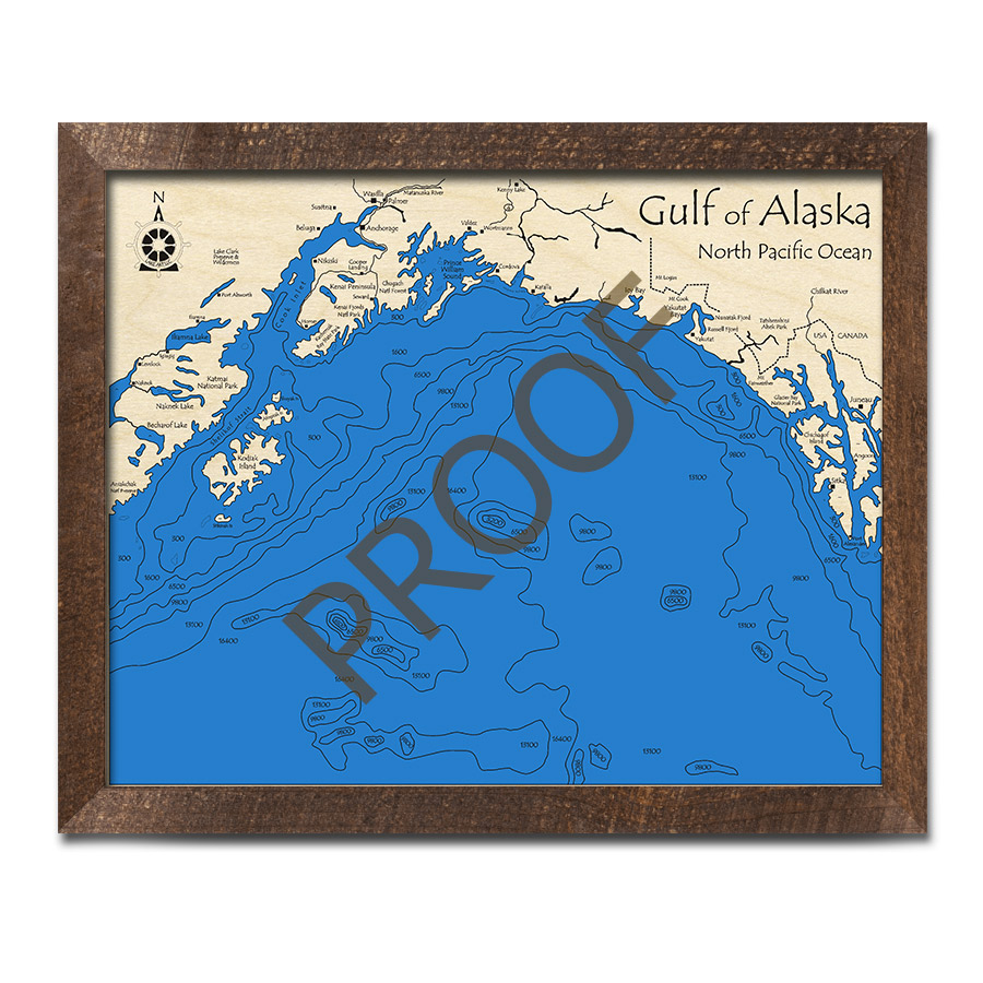 Gulf of Alaska 3D Wood Map, Alaska, Nautical Wood Chart