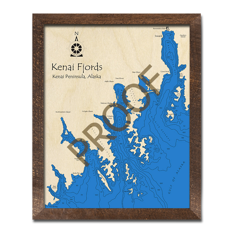 Kenai Fjords 3D Wood Map, Alaska, Nautical Wood Chart