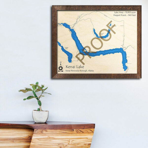 Kenai Lake 3D Wood Map, Alaska, Nautical Wood Chart