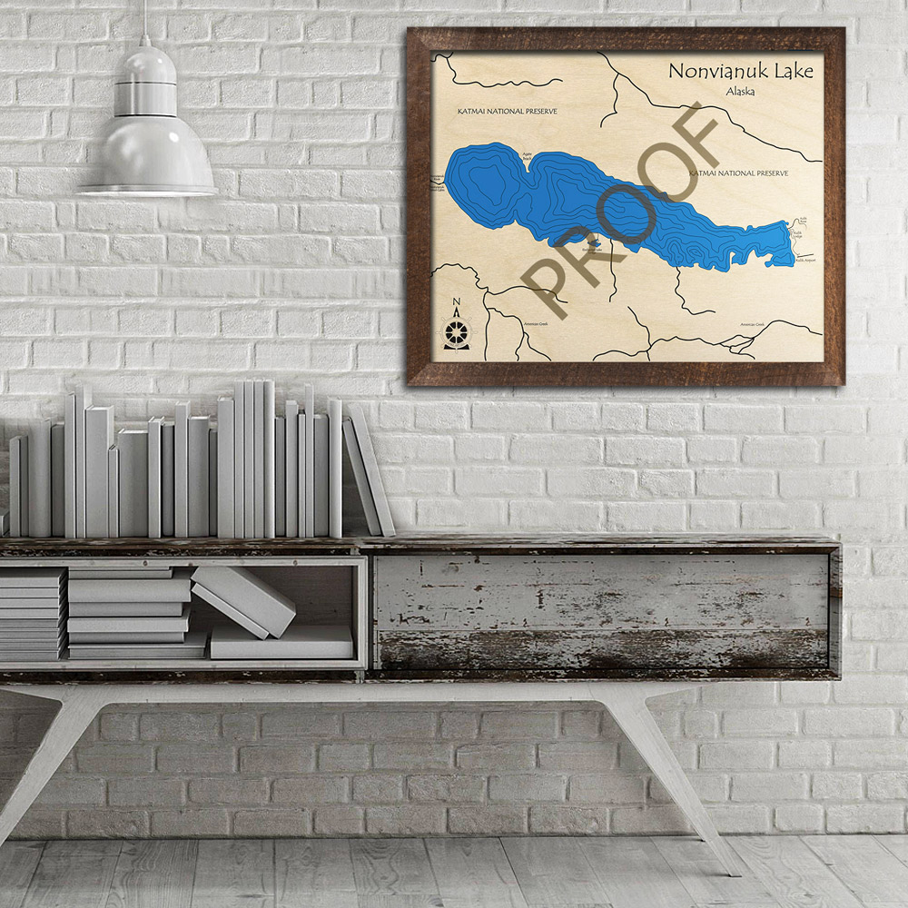 Nonvianuk Lake 3D Wood Map, Alaska, Nautical Wood Chart