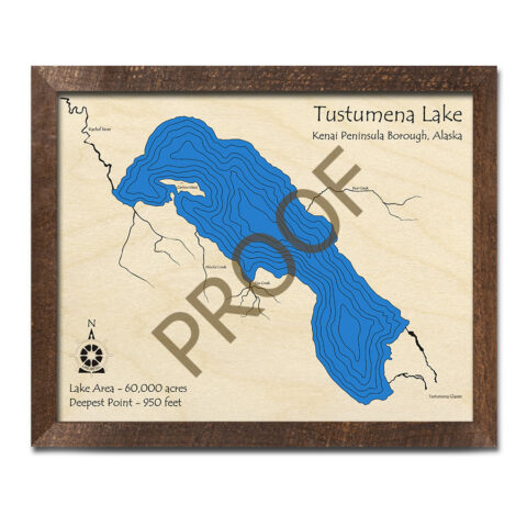 Tustumena Lake 3D Wood Map, Alaska, Nautical Wood Chart