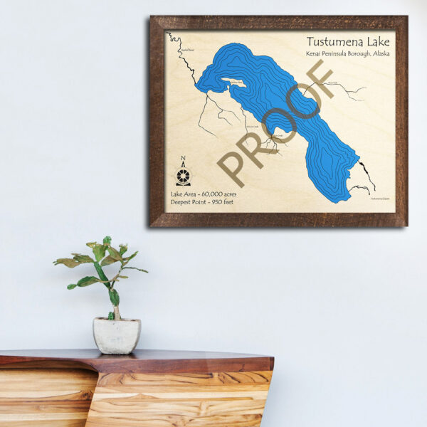 Tustumena Lake 3D Wood Map, Alaska, Nautical Wood Chart