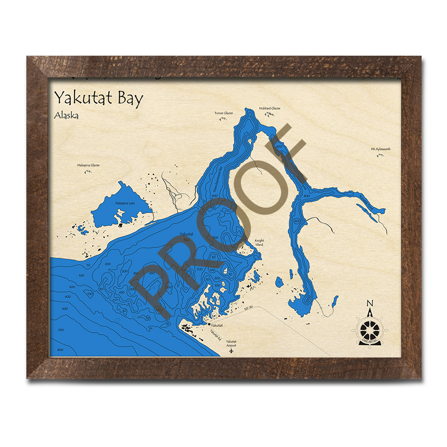 Yakutat Bay 3D Wood Map, Alaska, Nautical Wood Chart