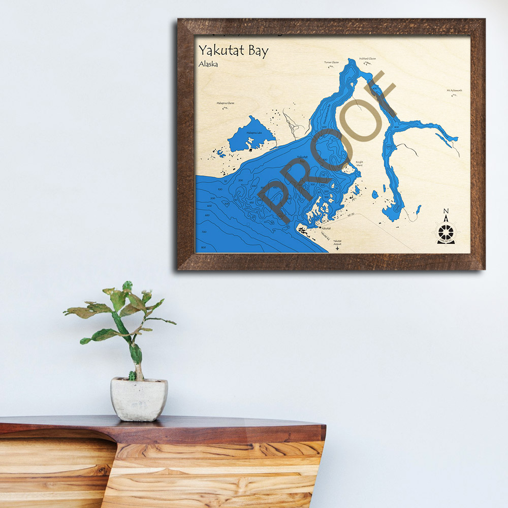 Yakutat Bay 3D Wood Map, Alaska, Nautical Wood Chart