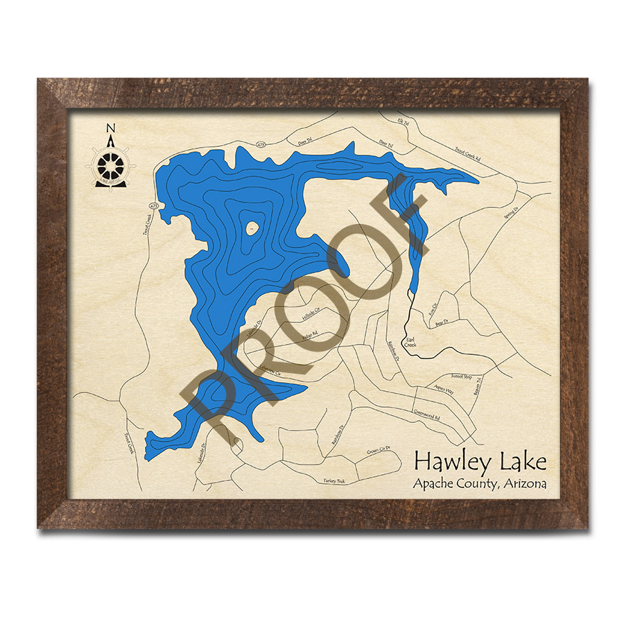 Hawley Lake 3D Wood Map, Arizona, Nautical Wood Chart