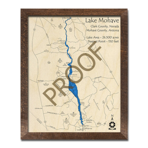 Lake Mohave 3D Wood Map, Arizona, Nautical Wood Chart