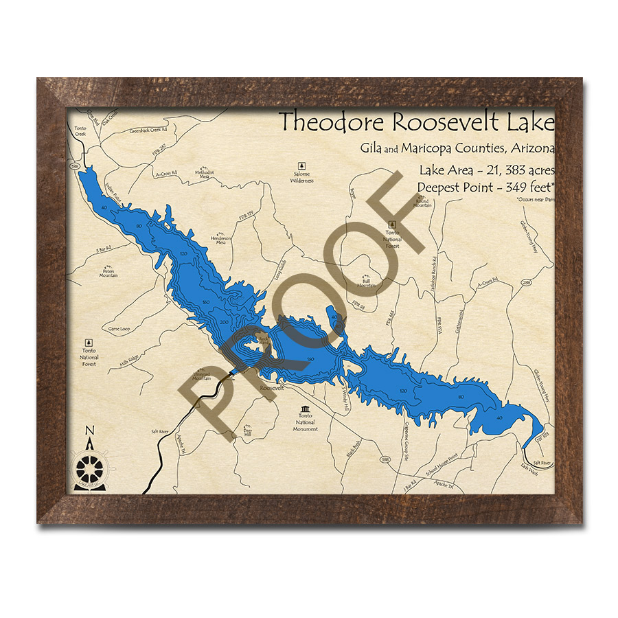 Theodore Roosevelt Lake 3D Wood Map, Arizona, Nautical Wood Chart