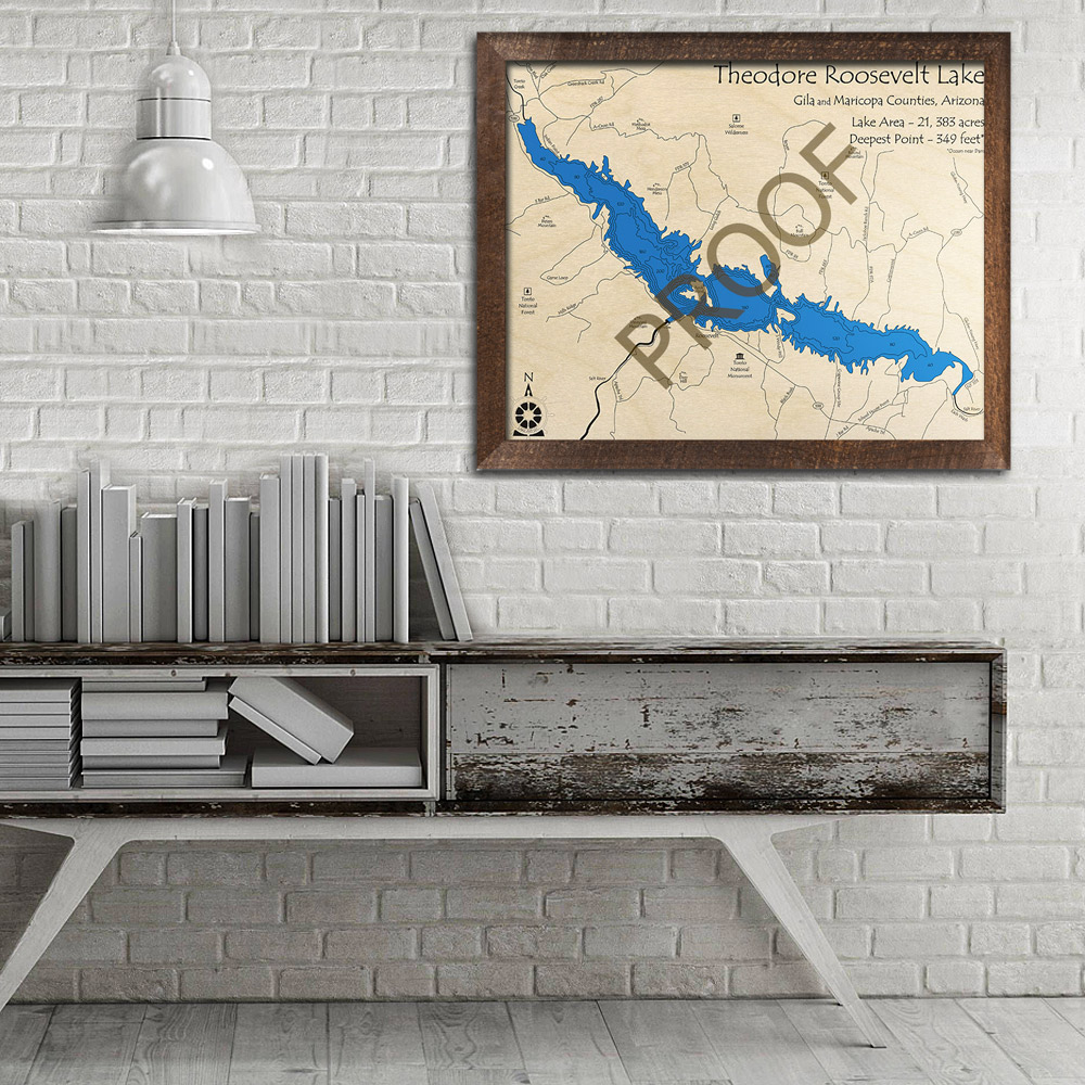 Theodore Roosevelt Lake 3D Wood Map, Arizona, Nautical Wood Chart