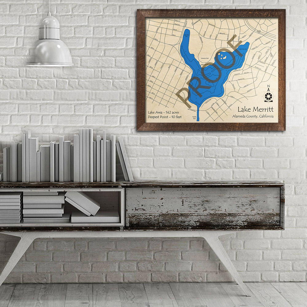 Lake Merritt CA 3D Wood Map, California, Nautical Wood Chart