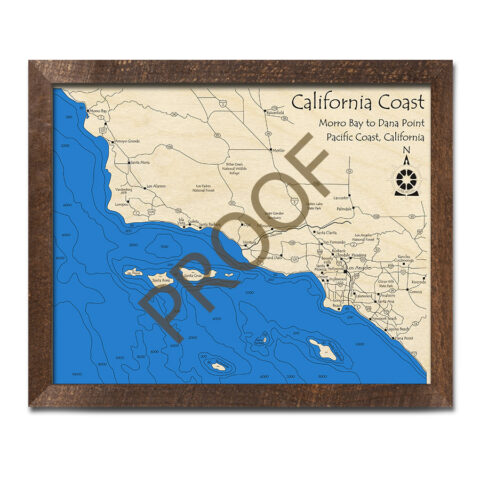 California Coast (Morro Bay to Dana Point) 3D Wood Map, Nautical Wood Chart