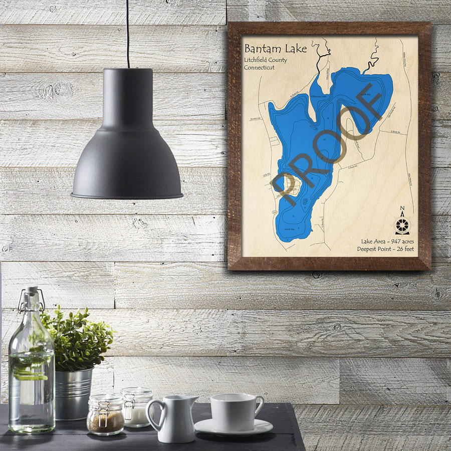 Bantam Lake CT 3D Wood Map, Connecticut, Nautical Wood Chart