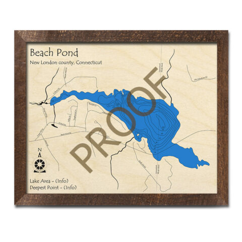 Beach Pond CT 3D Wood Map, CT / RI, Nautical Wood Chart