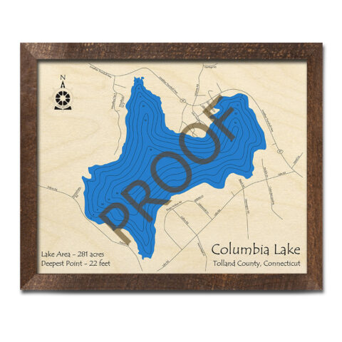 Columbia Lake CT 3D Wood Map, Connecticut, Nautical Wood Chart