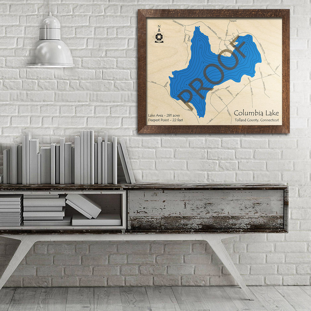 Columbia Lake CT 3D Wood Map, Connecticut, Nautical Wood Chart