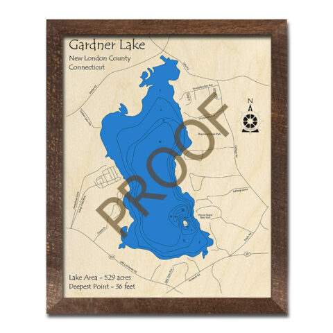 Gardner Lake CT 3D Wood Map, Connecticut, Laser-Cut Nautical Wood Chart