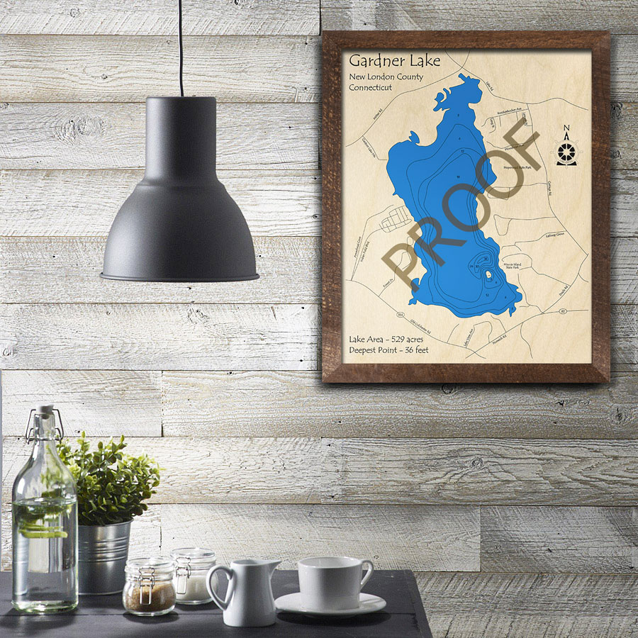 Gardner Lake CT 3D Wood Map, Connecticut, Laser-Cut Nautical Wood Chart