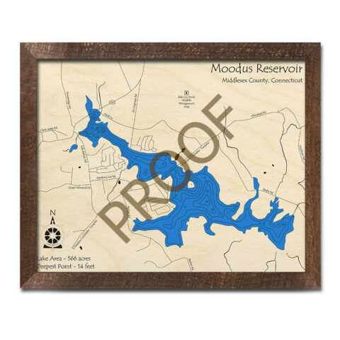 Moodus Reservoir CT 3D Wood Map, Connecticut, Laser-Cut Nautical Wood Chart