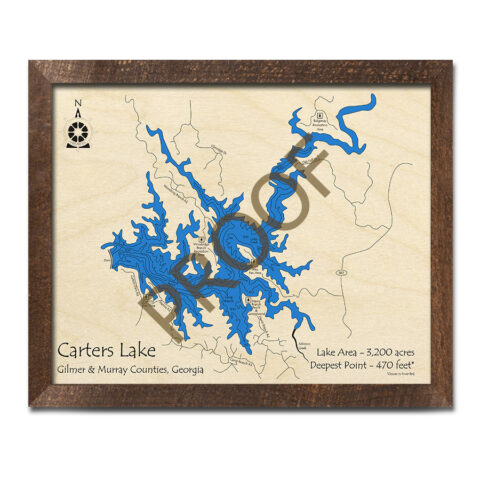Carters Lake GA 3D Wood Map, Georgia, Laser-Cut Nautical Wood Chart
