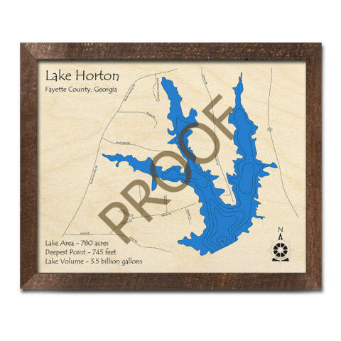 Lake Horton 3D Wood Map, Georgia, Laser-Cut Nautical Wood Chart