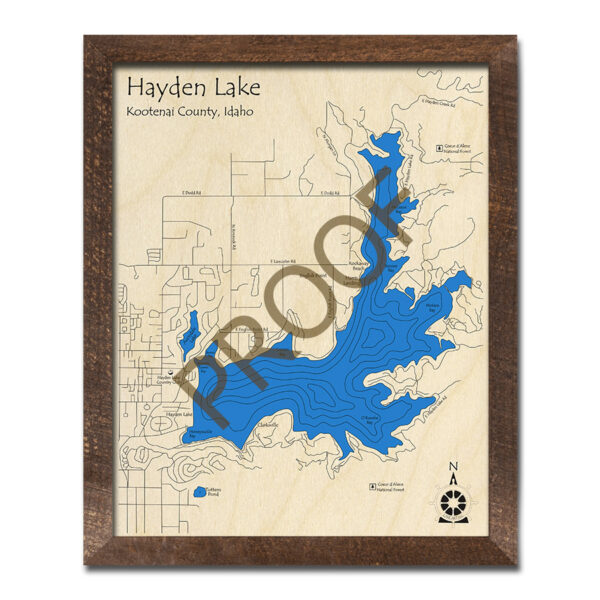 Hayden Lake 3D Wood Map, Idaho, Laser-Cut Nautical Wood Chart