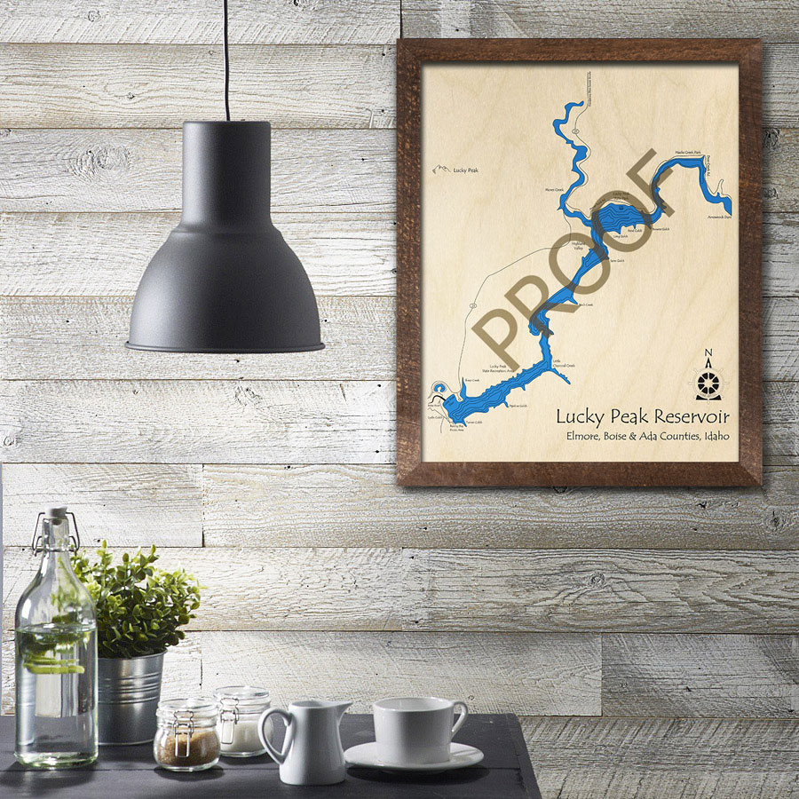 Lucky Peak Reservoir 3D Wood Map, Idaho, Laser-Cut Nautical Wood Chart