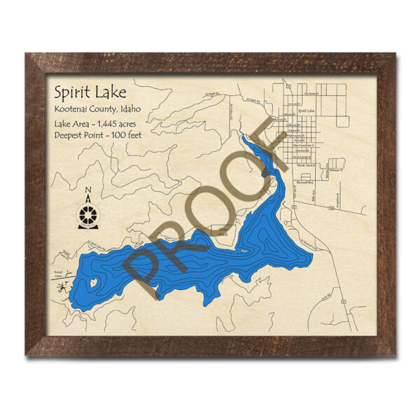 Spirit Lake 3D Wood Map, Idaho, Laser-Cut Nautical Wood Chart