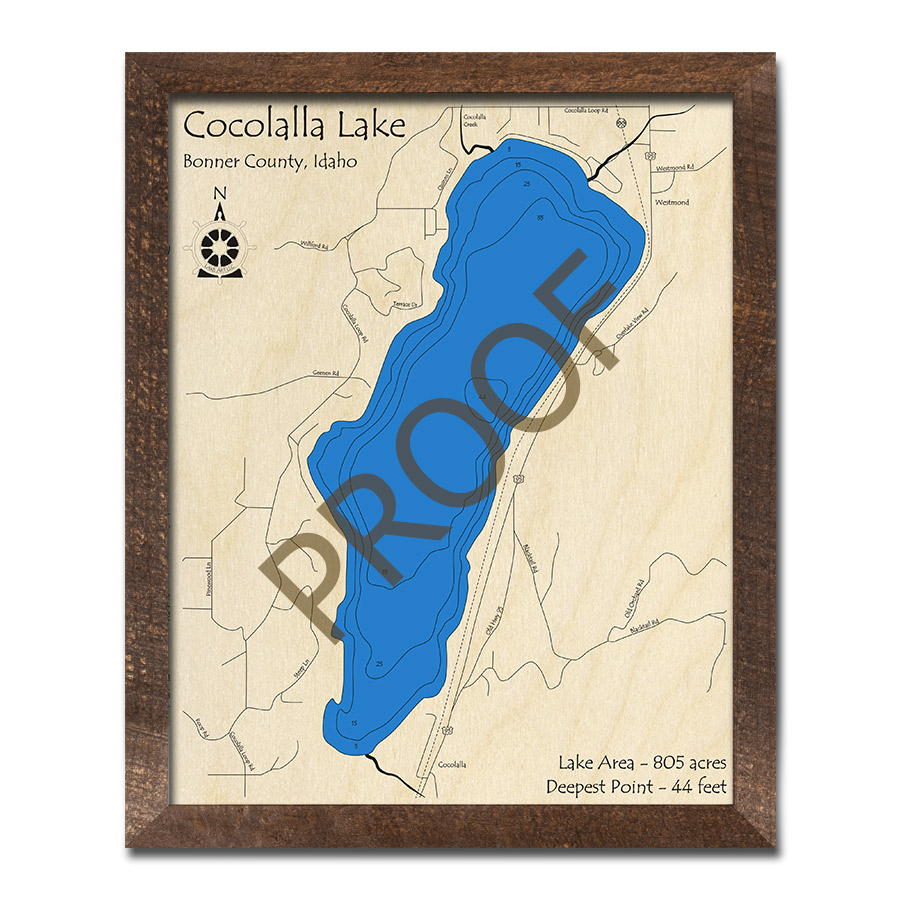 Cocolalla Lake 3D Wood Map, Idaho, Laser-Cut Nautical Wood Chart
