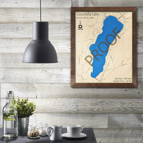 Cocolalla Lake 3D Wood Map, Idaho, Laser-Cut Nautical Wood Chart
