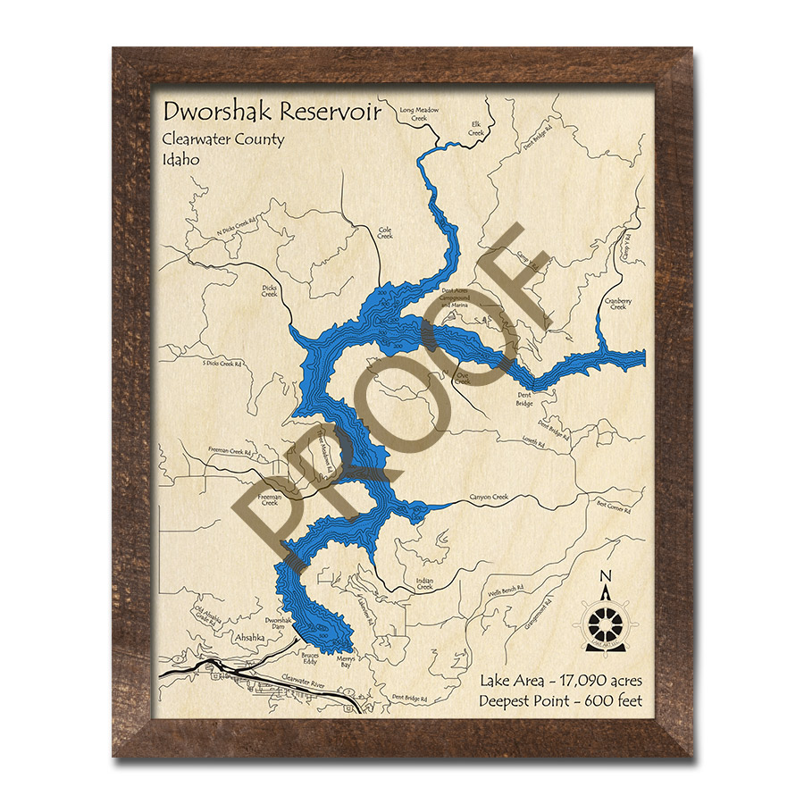 Dworshak Reservoir (Zoomed) 3D Wood Map, Idaho, Laser-Cut Nautical Wood ...