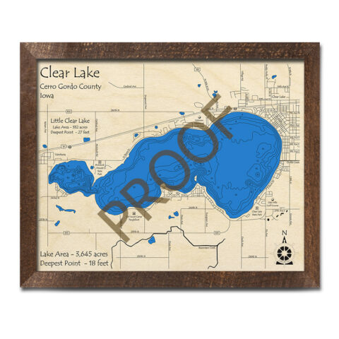 Clear Lake IA 3D Wood Map, Iowa, Laser-Cut Nautical Wood Chart