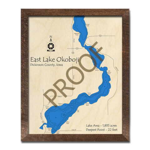 Lake Okoboji (East) IA 3D Wood Map, Iowa, Laser-Cut Nautical Wood Chart