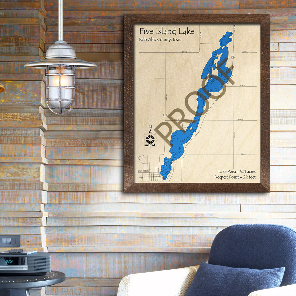 Five Island Lake IA 3D Wood Map, Iowa, Laser-Cut Nautical Wood Chart