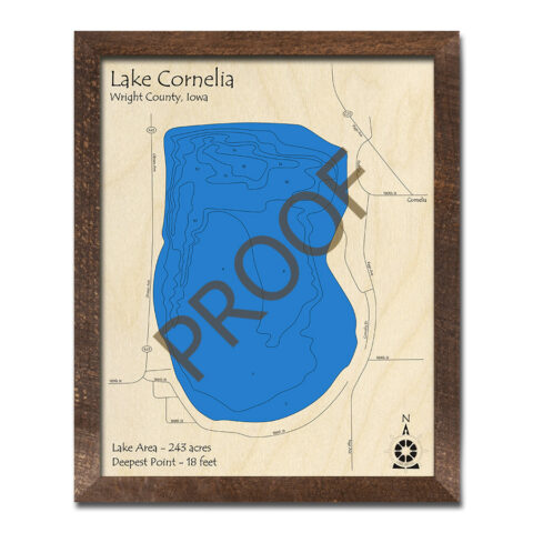Lake Cornelia IA 3D Wood Map, Iowa, Laser-Cut Nautical Wood Chart