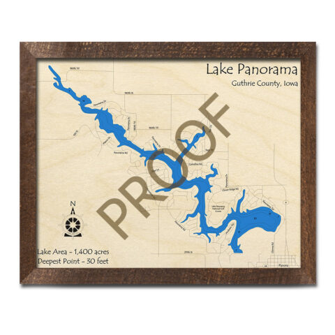 Lake Panorama IA 3D Wood Map, Iowa, Laser-Cut Nautical Wood Chart