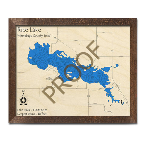 Rice Lake IA 3D Wood Map, Iowa, Laser-Cut Nautical Wood Chart