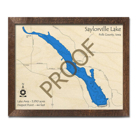 Saylorville Lake IA 3D Wood Map, Iowa, Laser-Cut Nautical Wood Chart