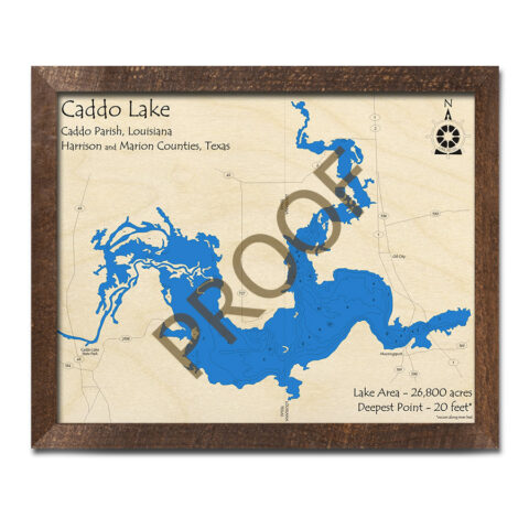 Caddo Lake 3D Wood Map, LA / TX, Laser-Cut Nautical Wood Chart