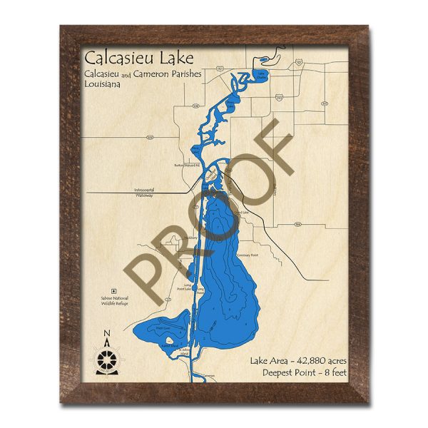 Calcasieu Lake 3D Wood Map, Louisiana, Laser-Cut Nautical Wood Chart