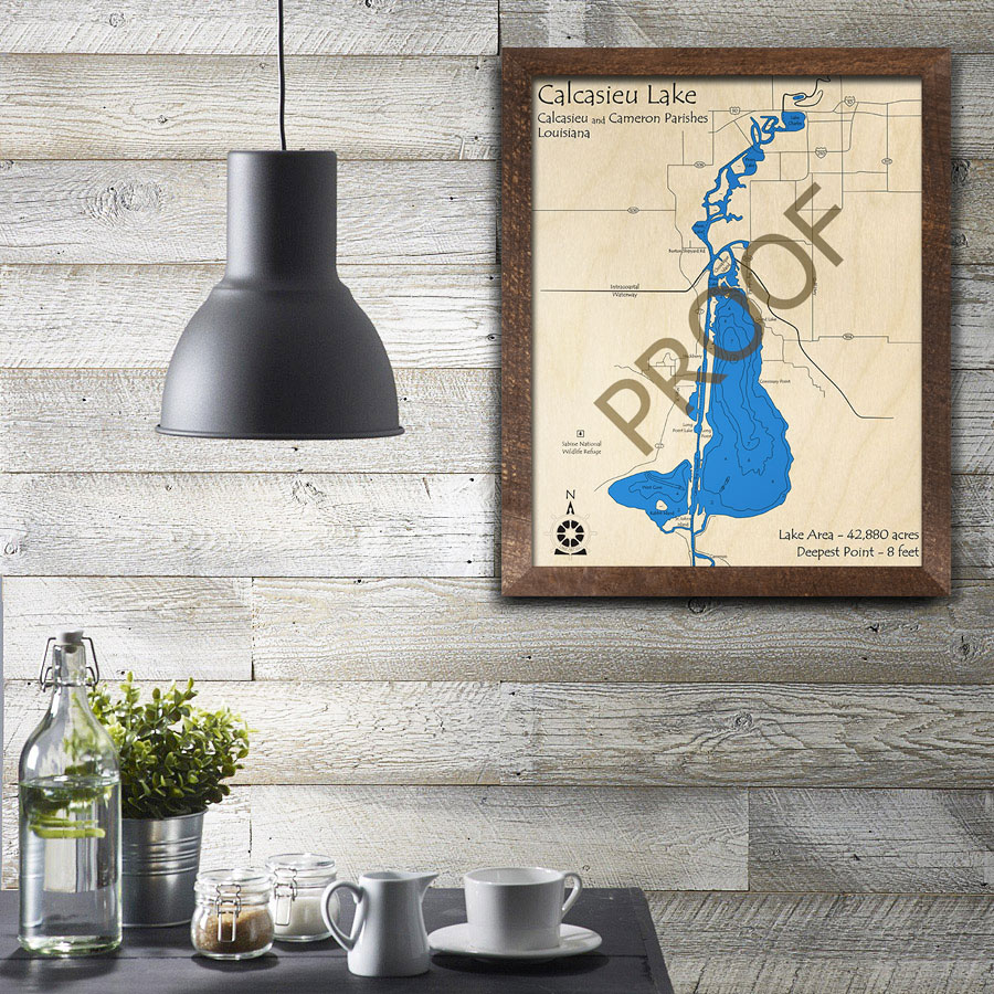 Calcasieu Lake 3D Wood Map, Louisiana, Laser-Cut Nautical Wood Chart
