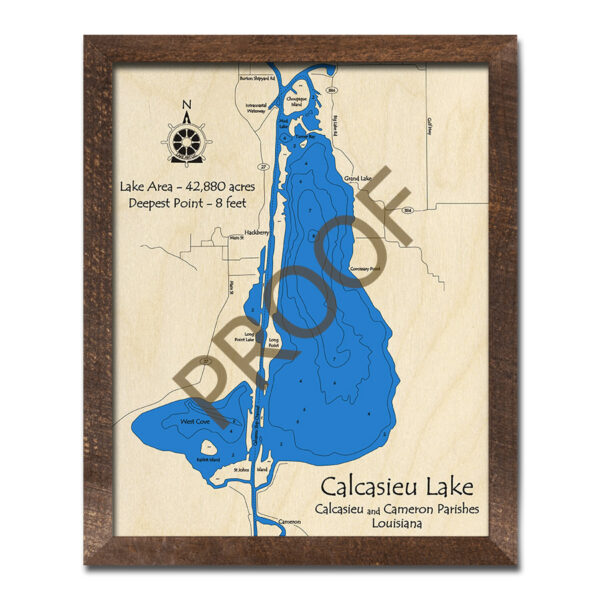 Calcasieu Lake 3D Wood Map, Louisiana, Laser-Cut Nautical Wood Chart