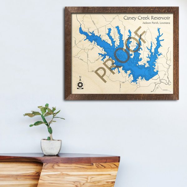 Caney Creek Reservoir 3D Wood Map, Louisiana, Laser-Cut Nautical Wood Chart