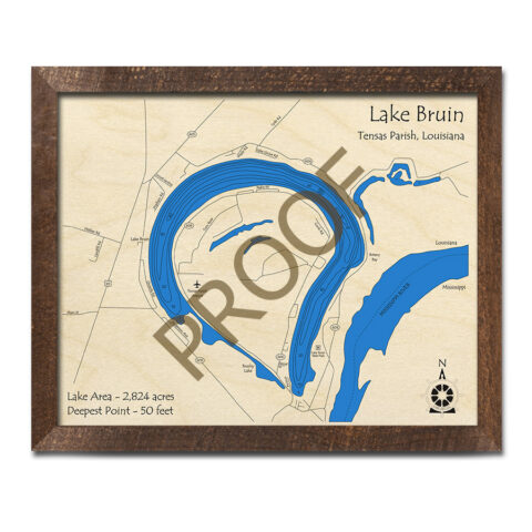 Lake Bruin 3D Wood Map, Louisiana, Laser-Cut Nautical Wood Chart