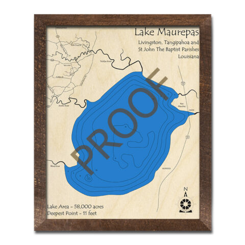 Lake Maurepas 3D Wood Map, Louisiana, Laser-Cut Nautical Wood Chart