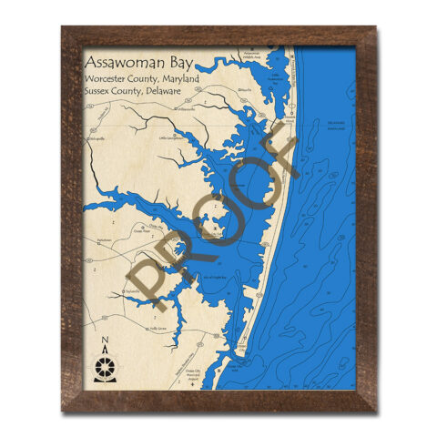 Assawoman Bay 3D Wood Map, Maryland, Laser-Cut Nautical Wood Chart