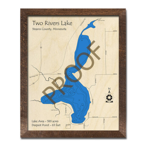 Two Rivers Lake 3D Wood Map, Stearns County Minnesota, Nautical Wall Art