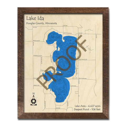 Lake Ida 3D Wood Map, Douglas County Minnesota, Nautical Wall Art